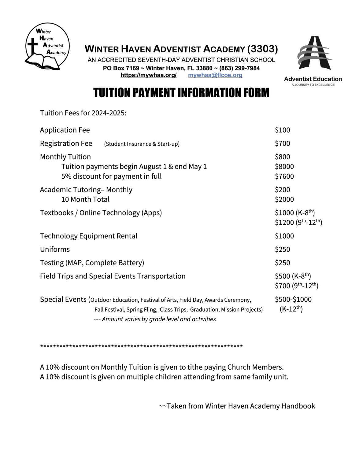 Tuition Information - Winter Haven Adventist Academy