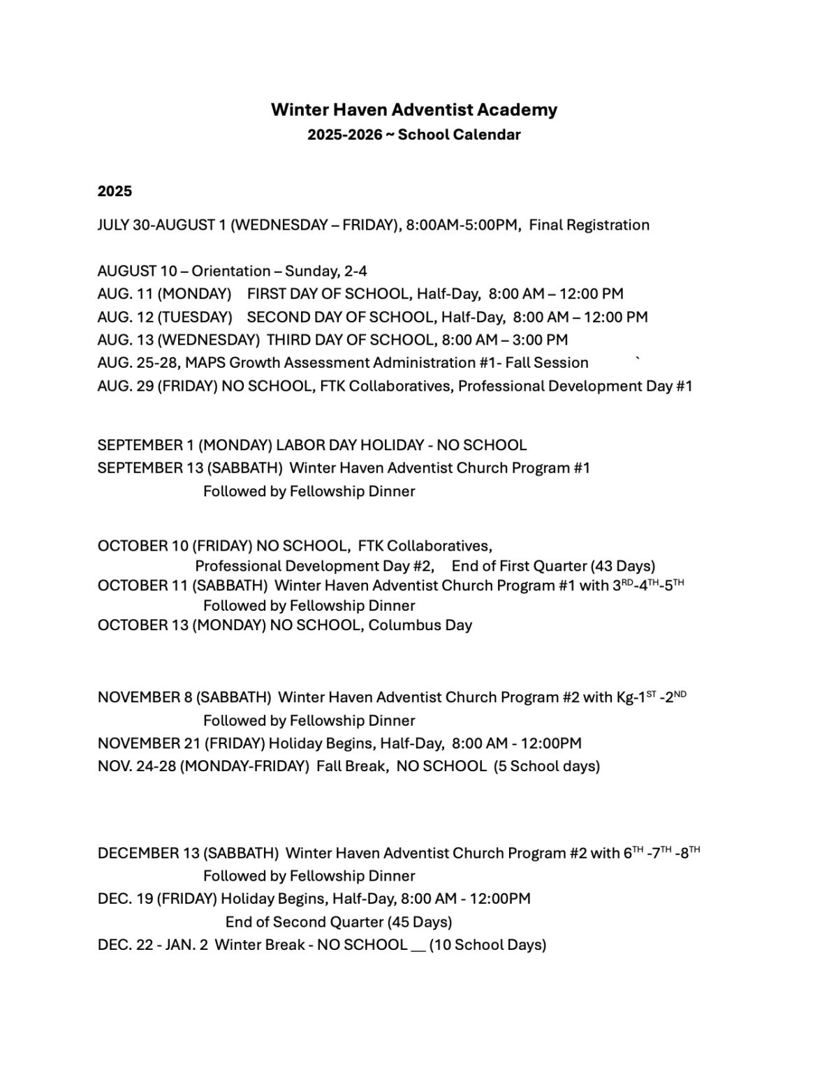 Calendar - Winter Haven Adventist Academy