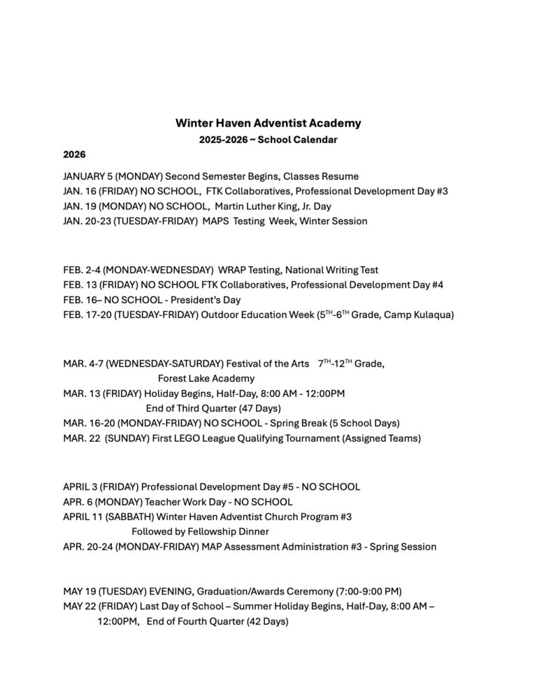 Calendar - Winter Haven Adventist Academy